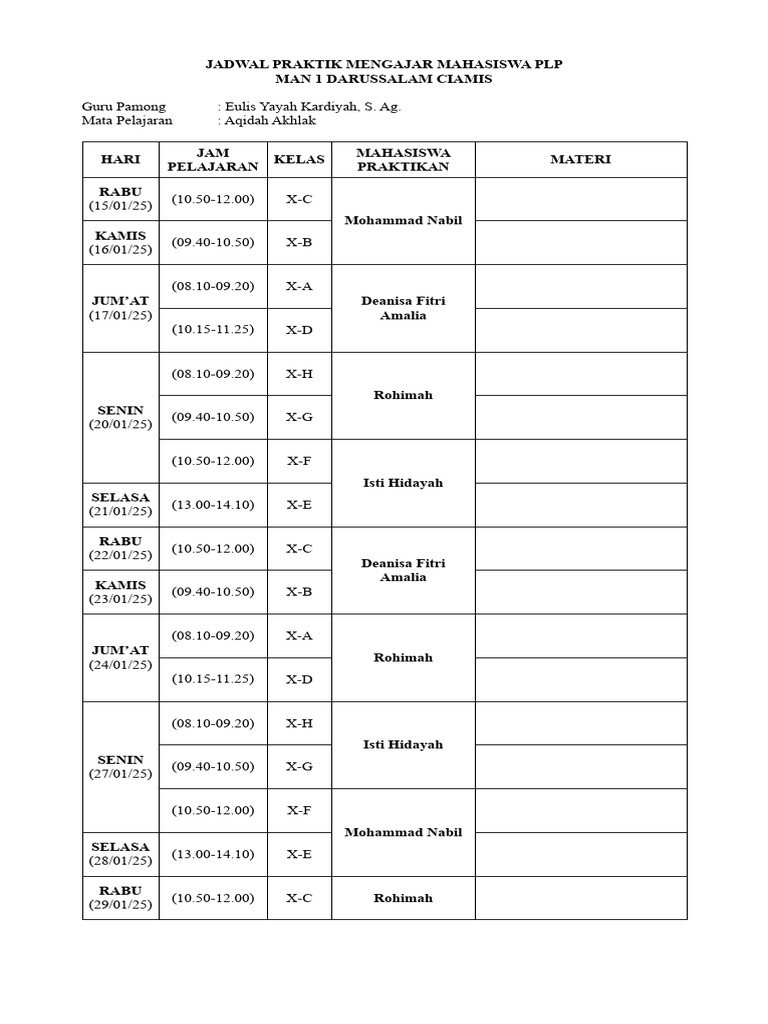 Jadwal Praktik Mengajar Mahasiswa PLP | PDF