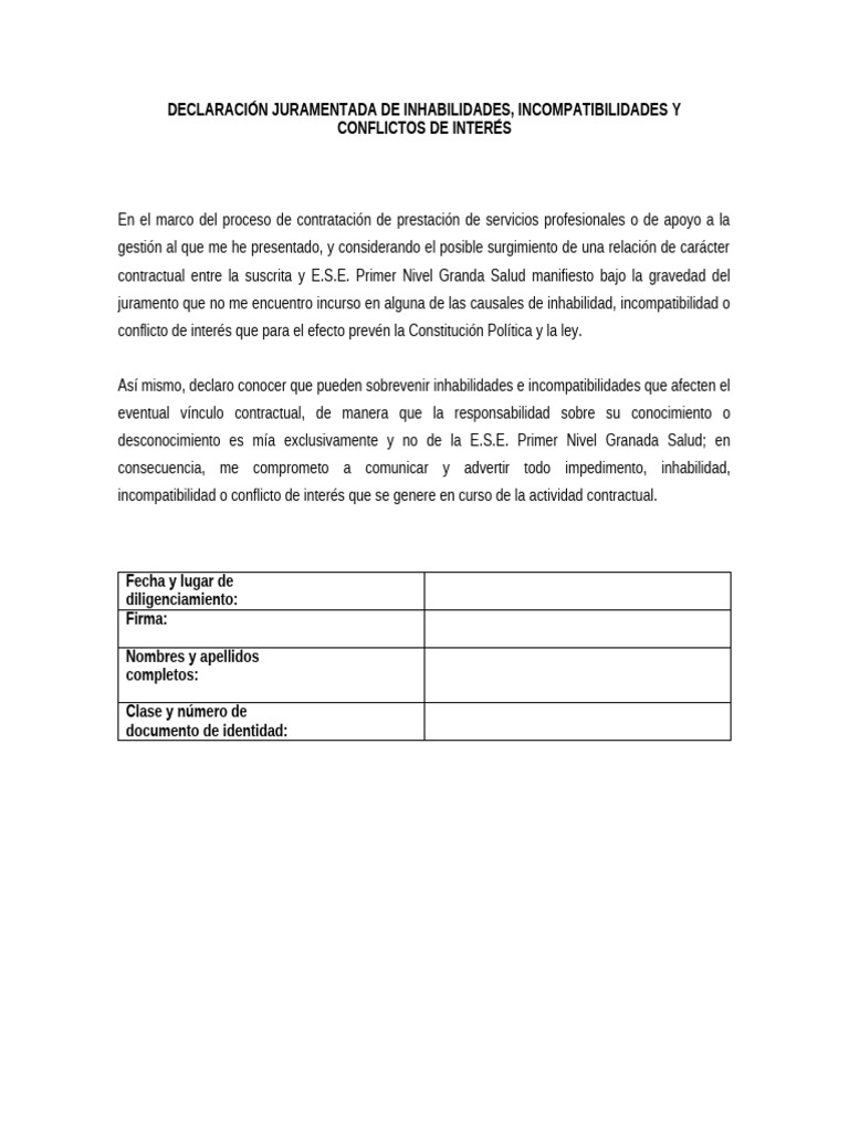 Declaración Juramentada de Inhabilidades | PDF