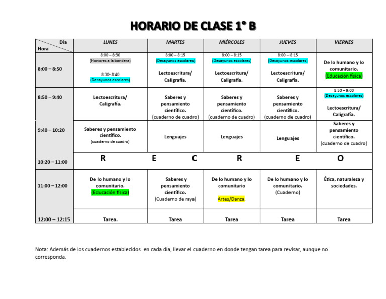 Horario de clase 1°B. | PDF