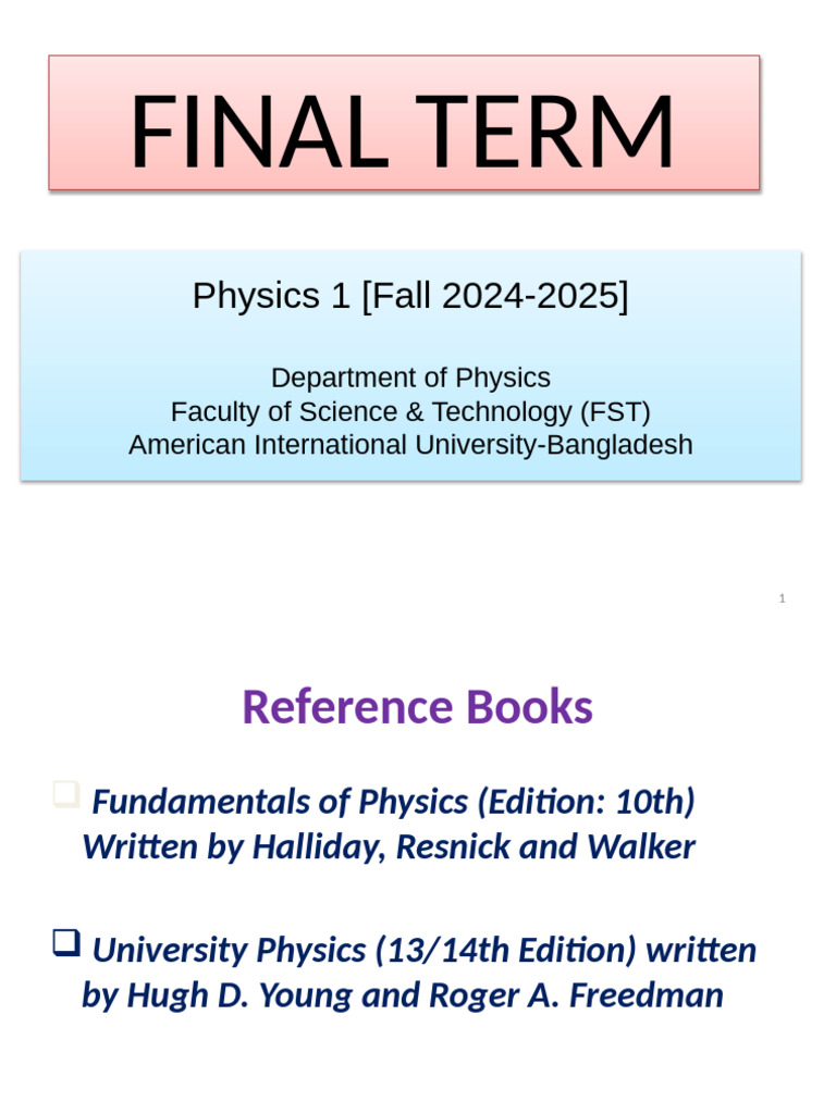 Physics - 1 - LESSON 1 (Final Term - Fall 24-25) | PDF | Electric Field ...