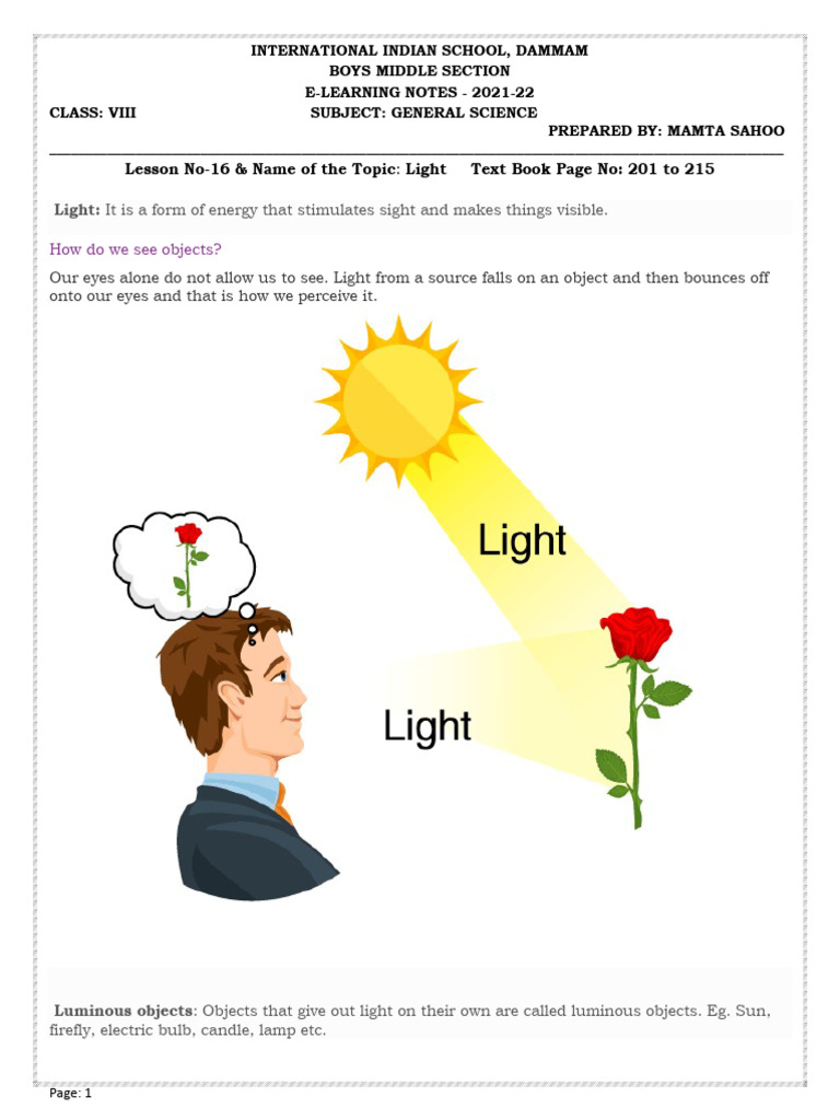 8th GS L- Light Notes | PDF | Eye | Reflection (Physics)