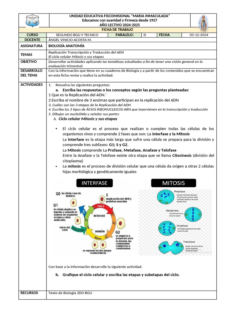 Ficha Biologia 2do Bgu D y Tec Vinicio | PDF | Mitosis | Ciclo celular