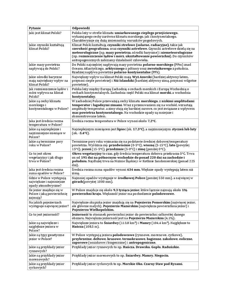 Pytania I Odpowiedzi - Klimat I Typy Jezior PDF | PDF