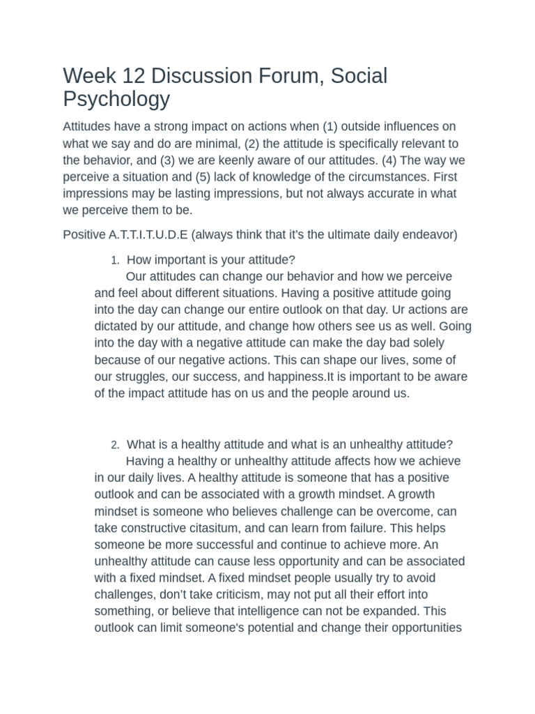 Week 12 Discussion Forum, Social Psychology | PDF | Attitude ...