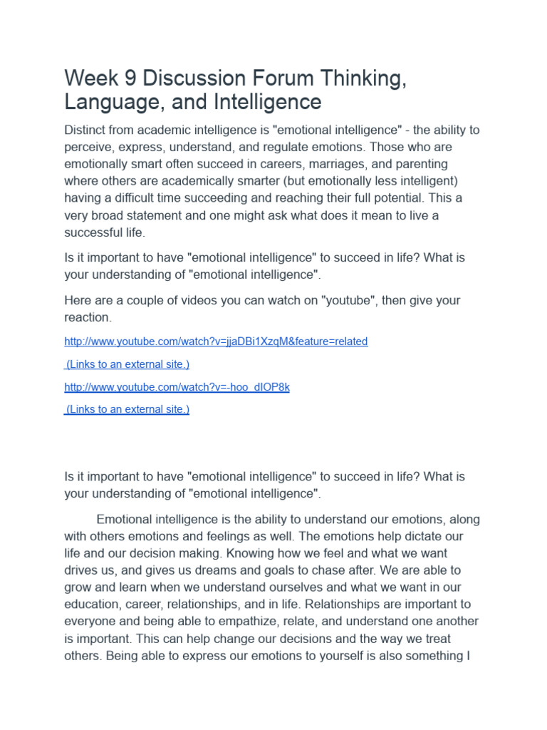 Week 9 Discussion Forum Thinking, Language, and Intelligence | PDF