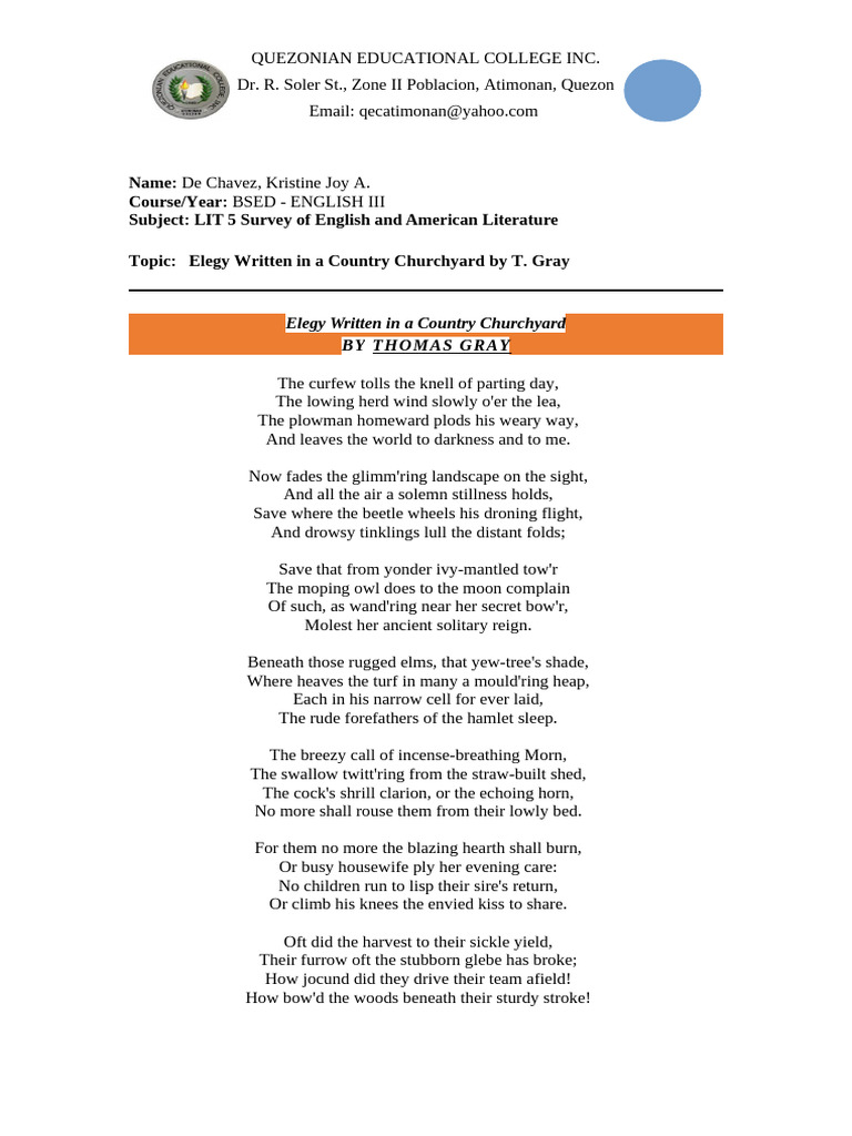 Elegy Written in A Country Churchyard by T. Gray de ChavezKristine Joy ...
