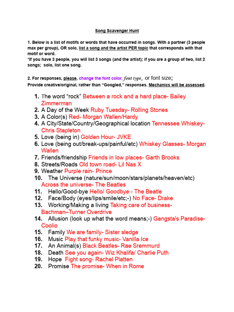 - Song Scavenger Hunt | PDF