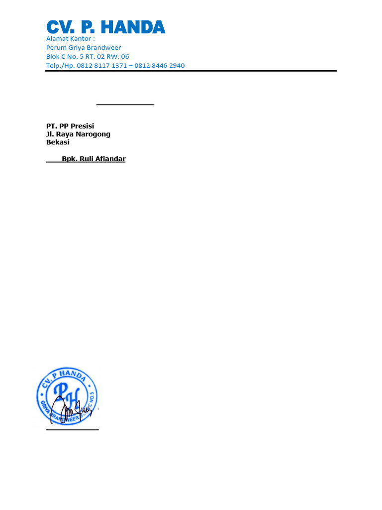 CV P. Handa Surat Pengaduan & Penagihan PT. PP Presisi 28 Juni 2020 | PDF