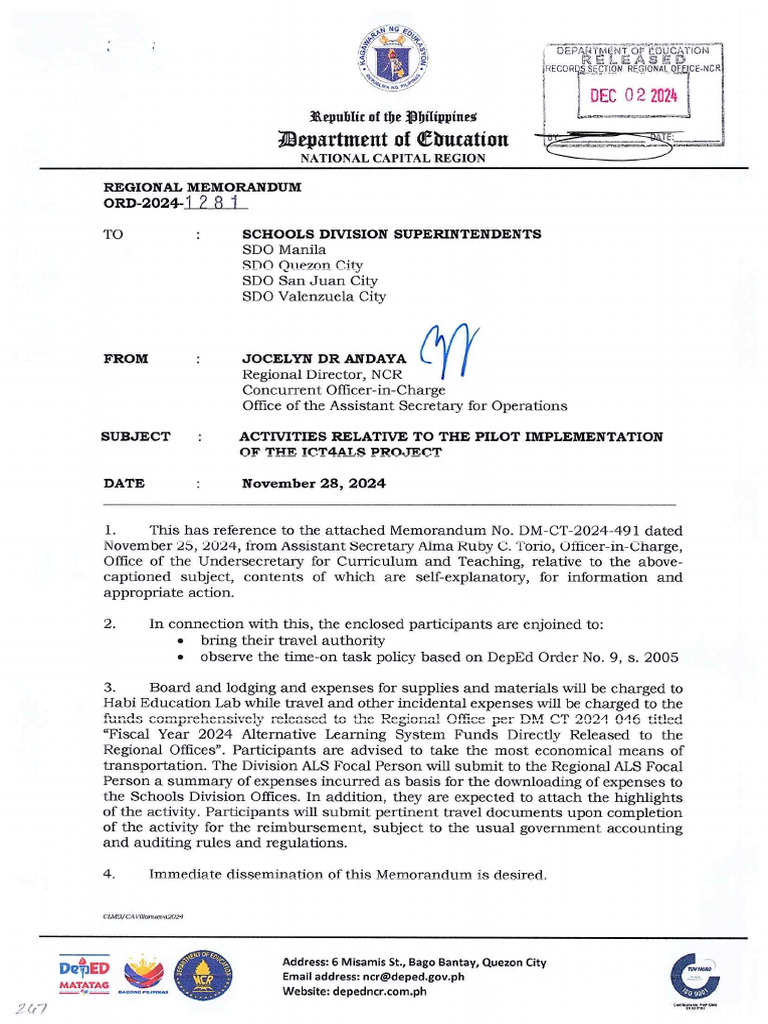 RM-No.-1281-s.-2024-Activities-relative-to-the-Pilot-Implementation-of-the-ICTALS-Project | PDF