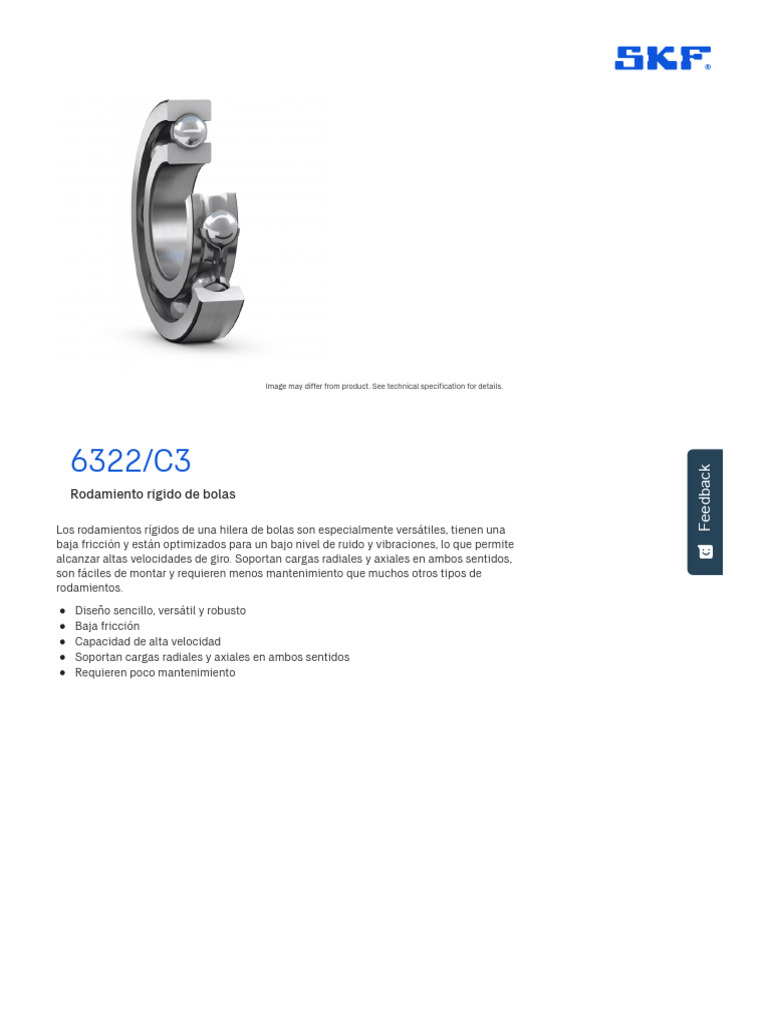 SKF 6322 - C3 - Rodamientos Rígidos de Bolas | PDF