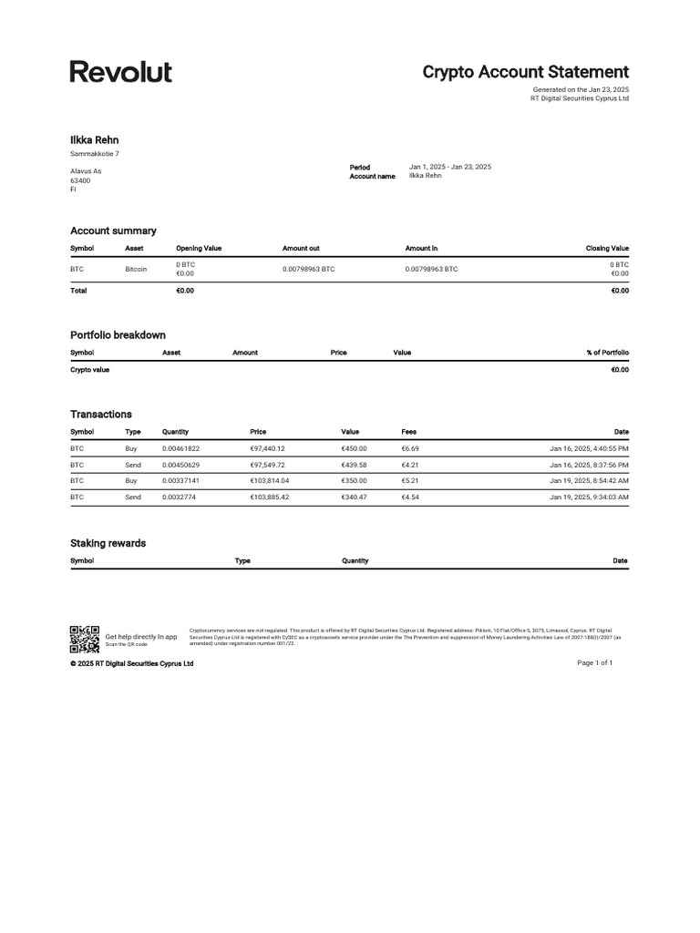 Crypto Account Statement - 2025 01 01 - 2025 01 23 - en - Bfa507 | PDF ...