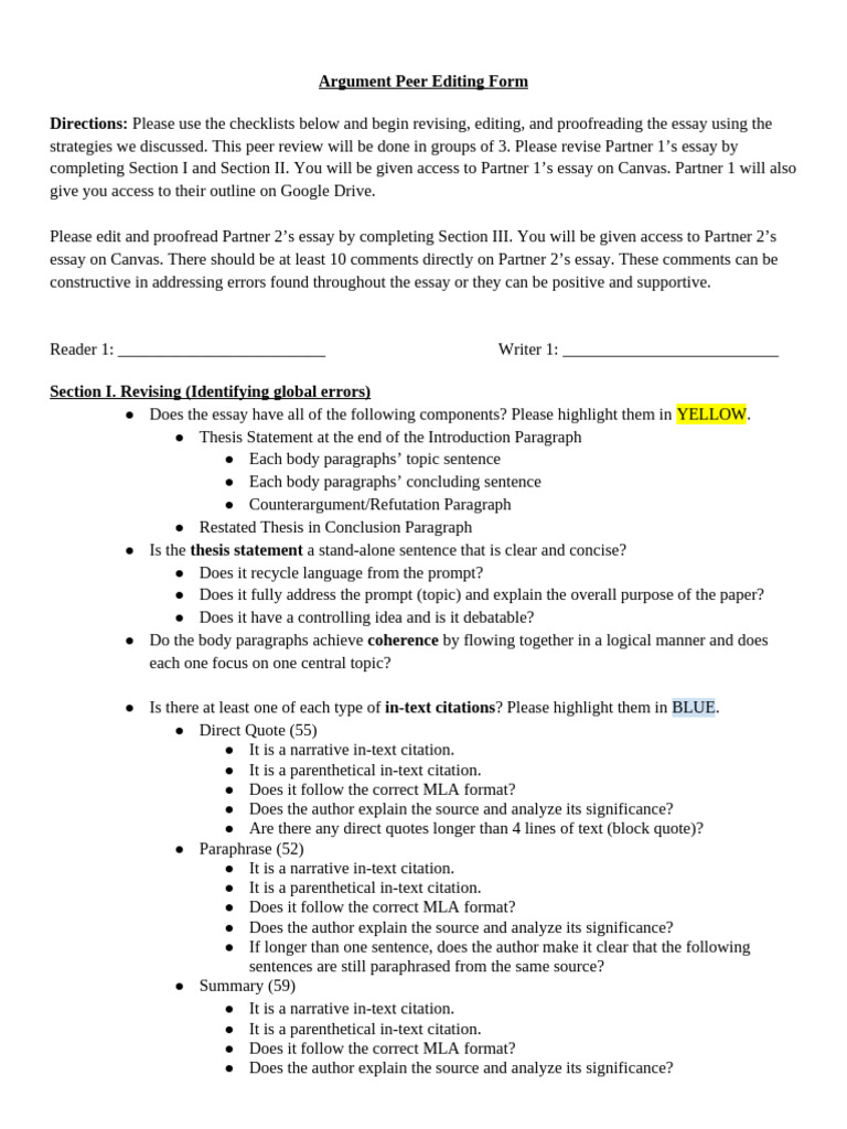 Argument Essay Peer Editing Checklist | PDF | Essays | Citation