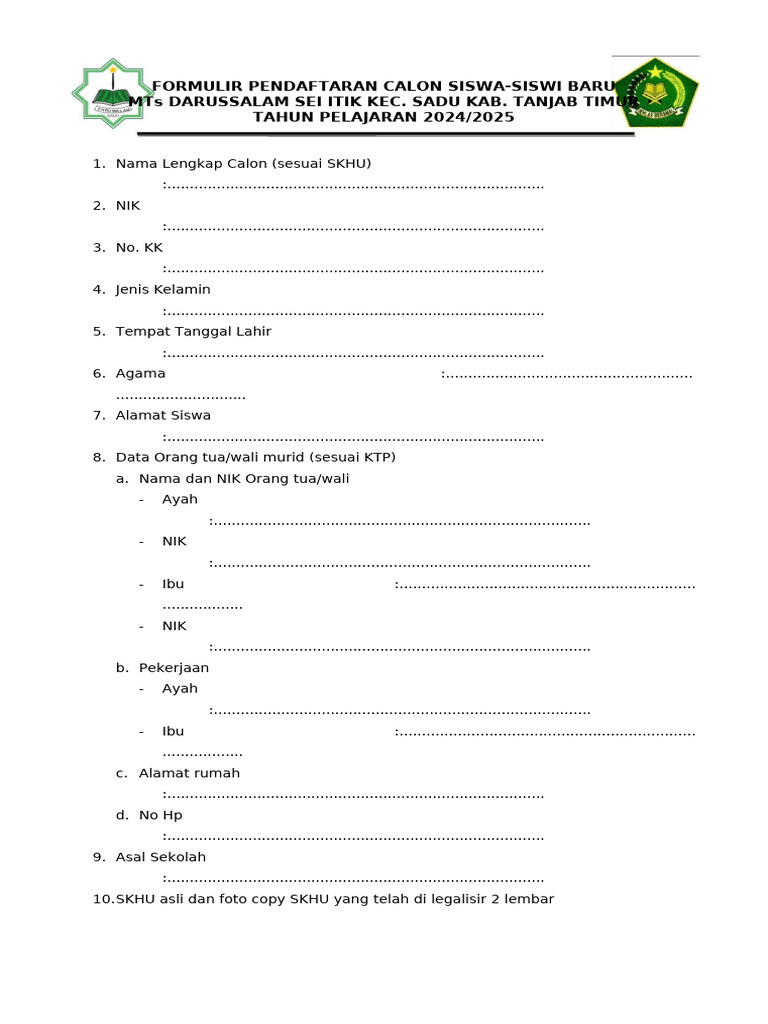 Formulir Pendaftaran Calon Siswa 2024 | PDF