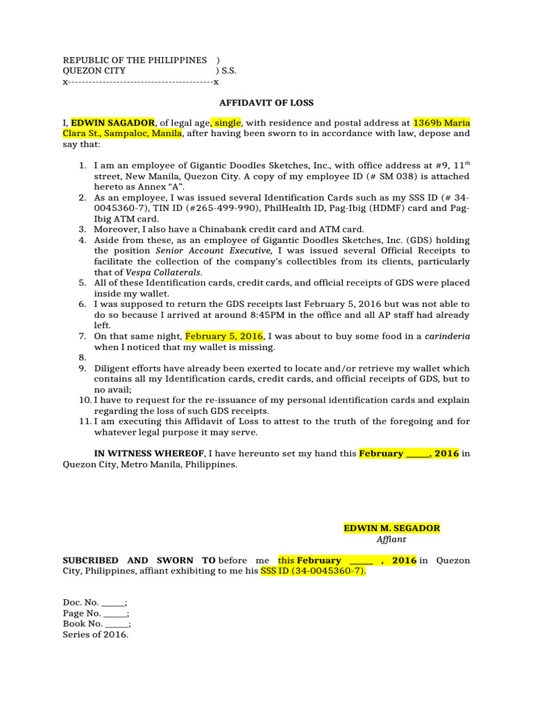 Affidavit of Loss for ID and Cards | PDF | Affidavit