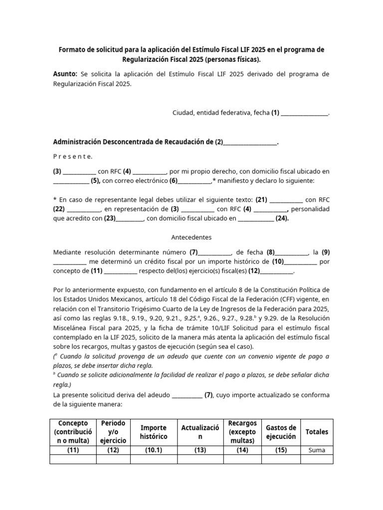 Anexo1 Formato de Solicitud Personas Fisicas LIF2025 | PDF | Alivio de la deuda