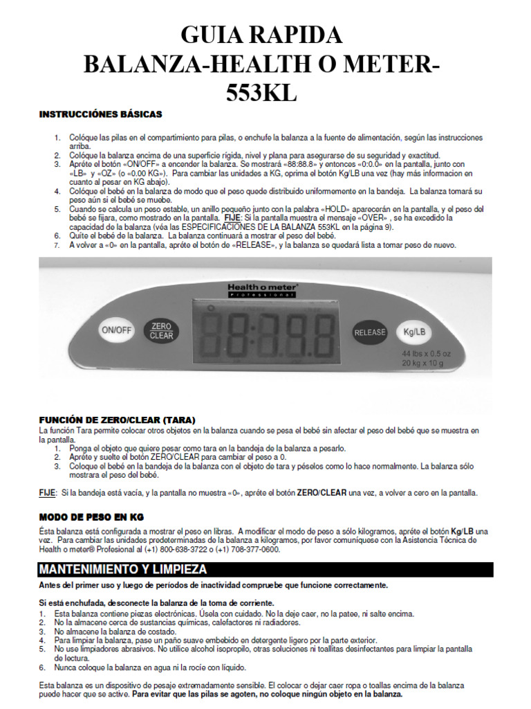 4. GUIA RAPIDA BALANZA PESA BEBE-HEALTH O METER-553KL | PDF