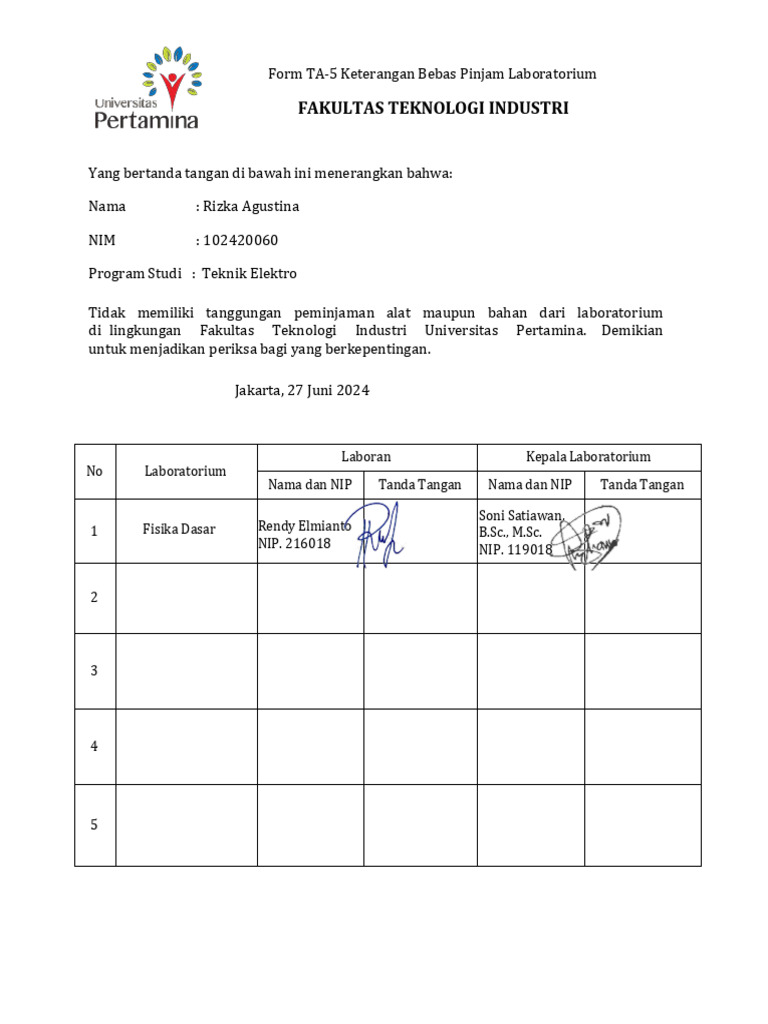 Rizka Agustina - 102120060 - Surat Keterangan Bebas Pinjam Laboratorium Fisika Dasar | PDF