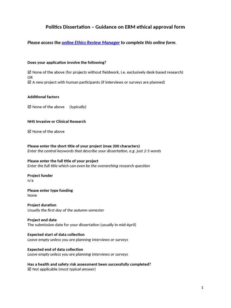 Politics Dissertation - Template - ERM ethical approval form | PDF ...