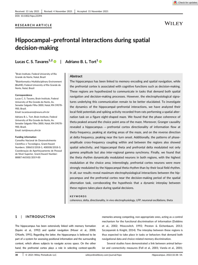 Hippocampus - 2021 - Tavares - Hippocampal Prefrontal Interactions During Spatia | PDF ...