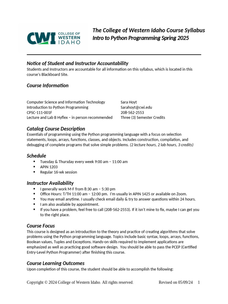 00 CPSC-111-001-Python-SHoyt-SP2025 Syllabus | PDF | Computer Program | Programming