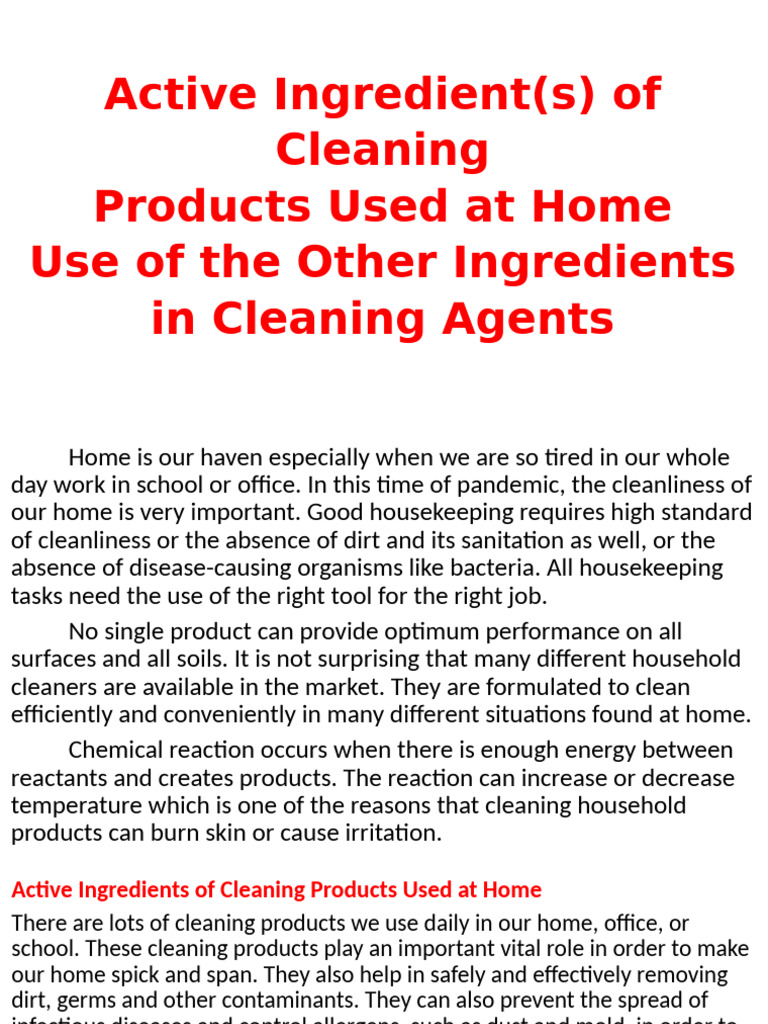 Active Ingredient(s) of Cleaning | PDF | Ethanol | Detergent