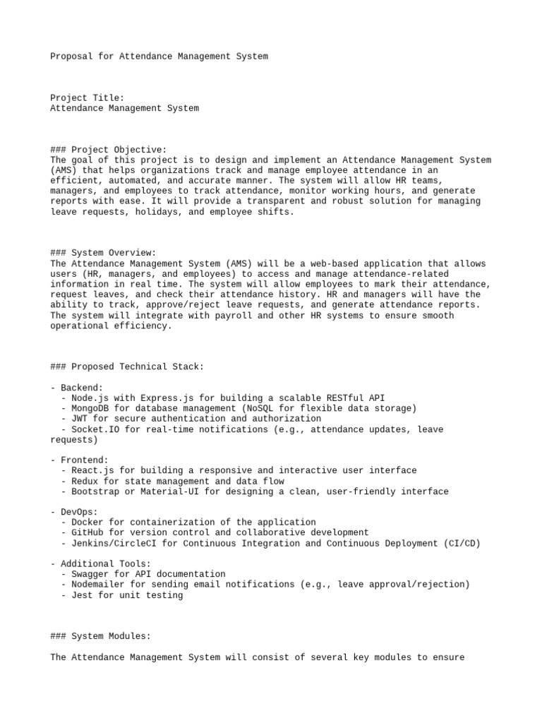 Proposal For Attendance Management | PDF | Databases | Usability