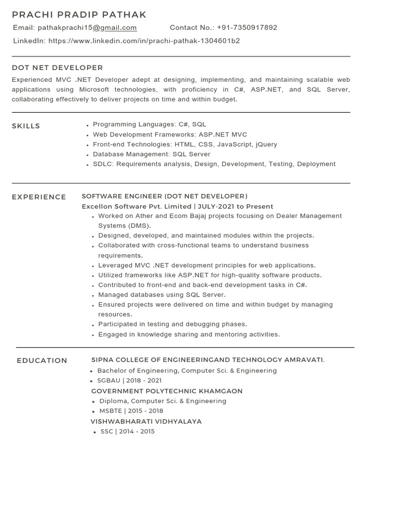 Prachi Pathak - Dot Net Developer Resume | PDF