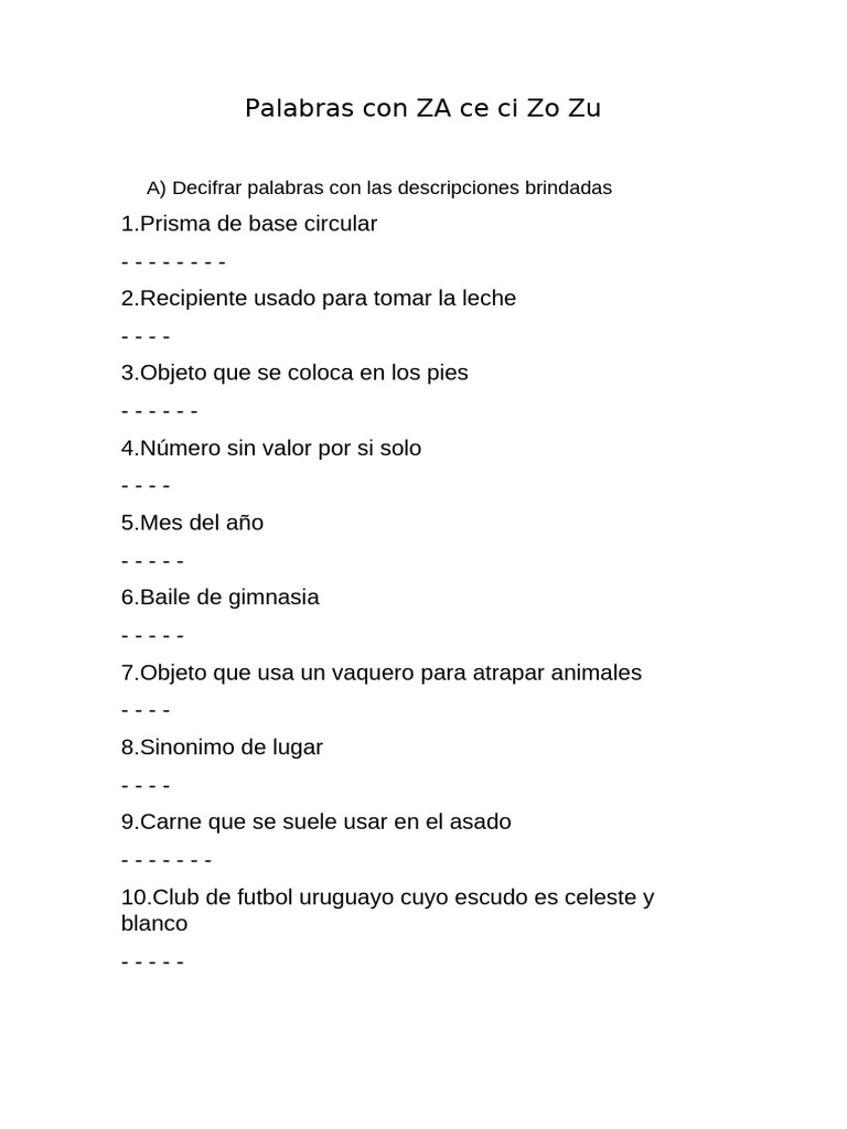 Palabras con ZA, CE, CI, ZO, ZU | PDF