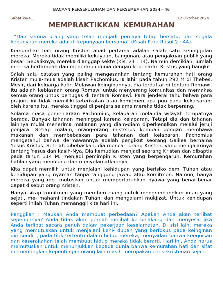 Bacaan Persepuluhan Dan Persembahan Triwulan 4 2024 | PDF