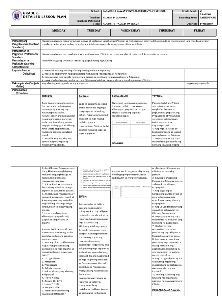 DLP - Araling Panlipunan 6 - Q1 - W2 | PDF