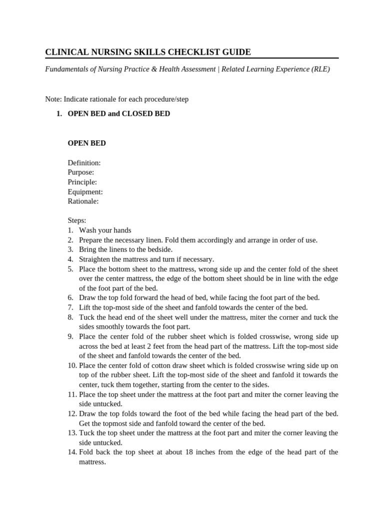 Nursing Skills Checklist Guide | PDF | Bed | Anatomical Terms Of Motion