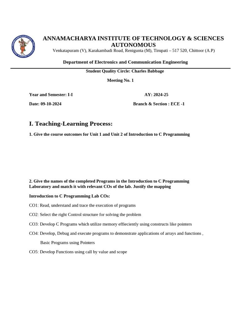 ECE Student Quality Circle Meeting Minutes | PDF