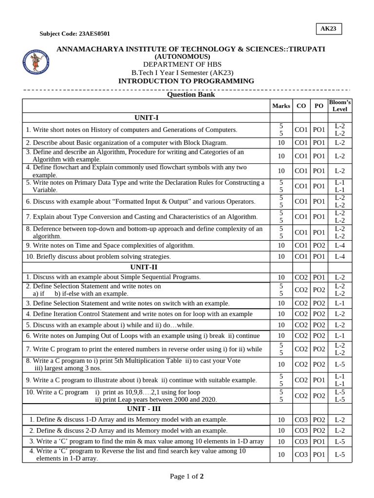 Ip Question Bank All 5 Units Pdf Pointer Computer Programming Algorithms