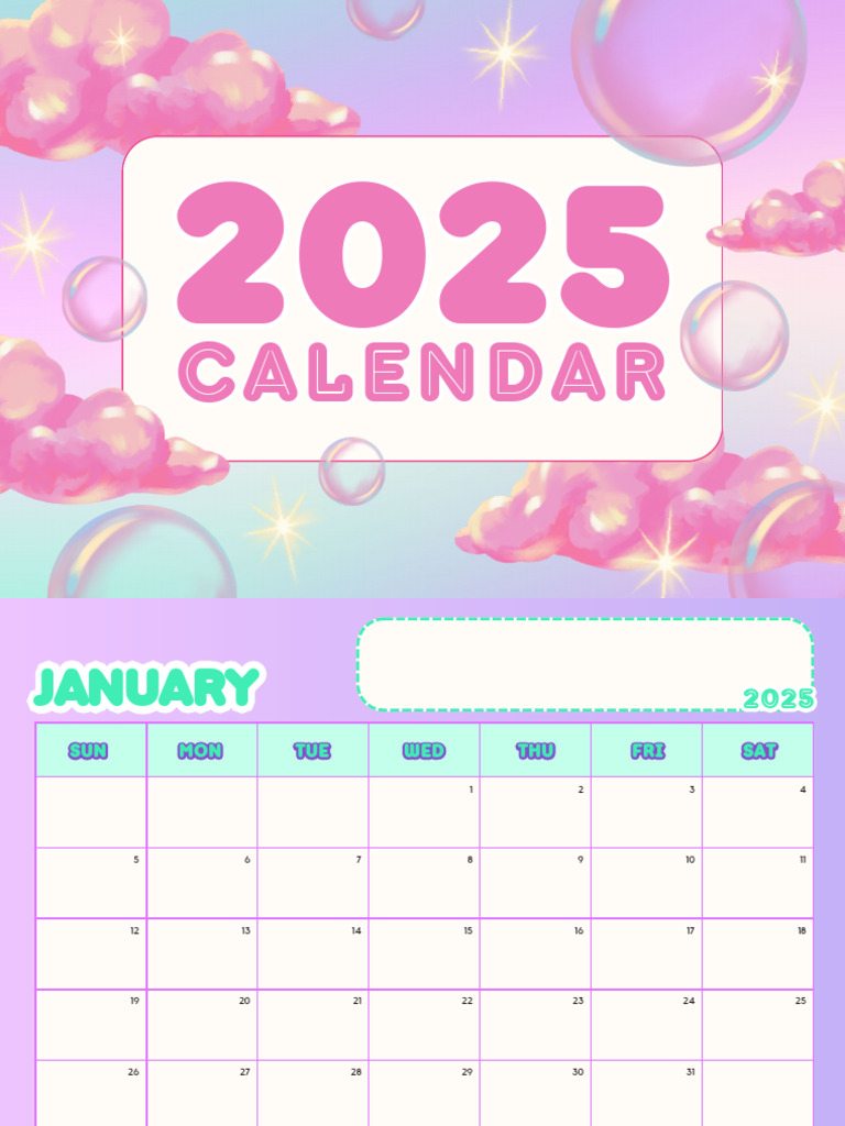 Pink Purple Pastel Cute Dreamy 2025 Wall Calendar | PDF
