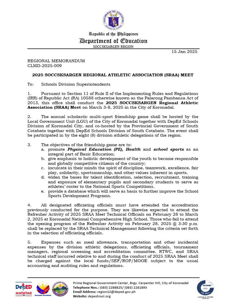 Regional Memorandum CLMD 2025 009 2025 Soccsksargen Regional Athletic ...