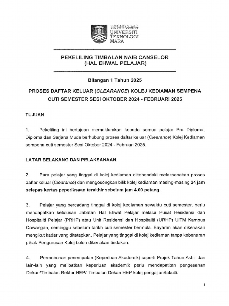20244 Pek. TNC HEP-CLEARANCE Cuti Akhir Sem | PDF