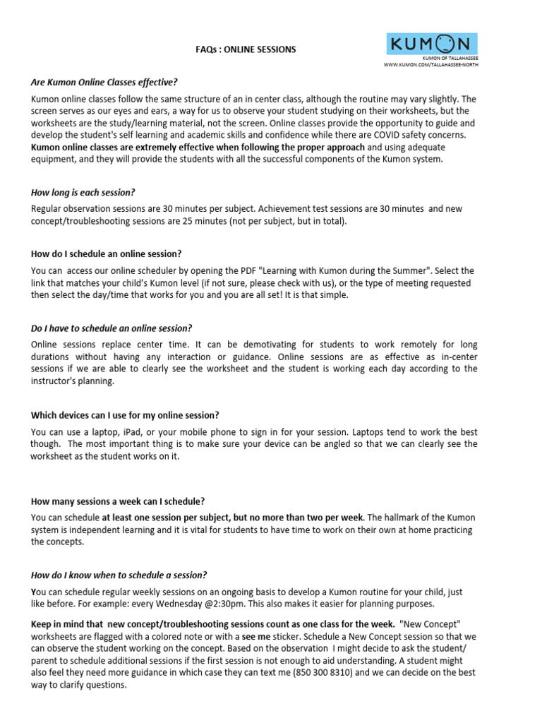 Kumon Tallahassee Online Class FAQs | PDF | Learning