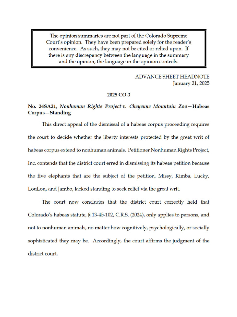 Nonhuman Rights Project v. Cheyenne Mountain Zoo, No. 24SA21 (Colo. Jan ...