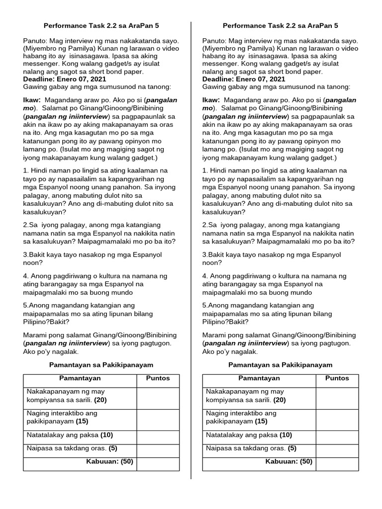Performance Task 2.2 sa AraPan 5 | PDF