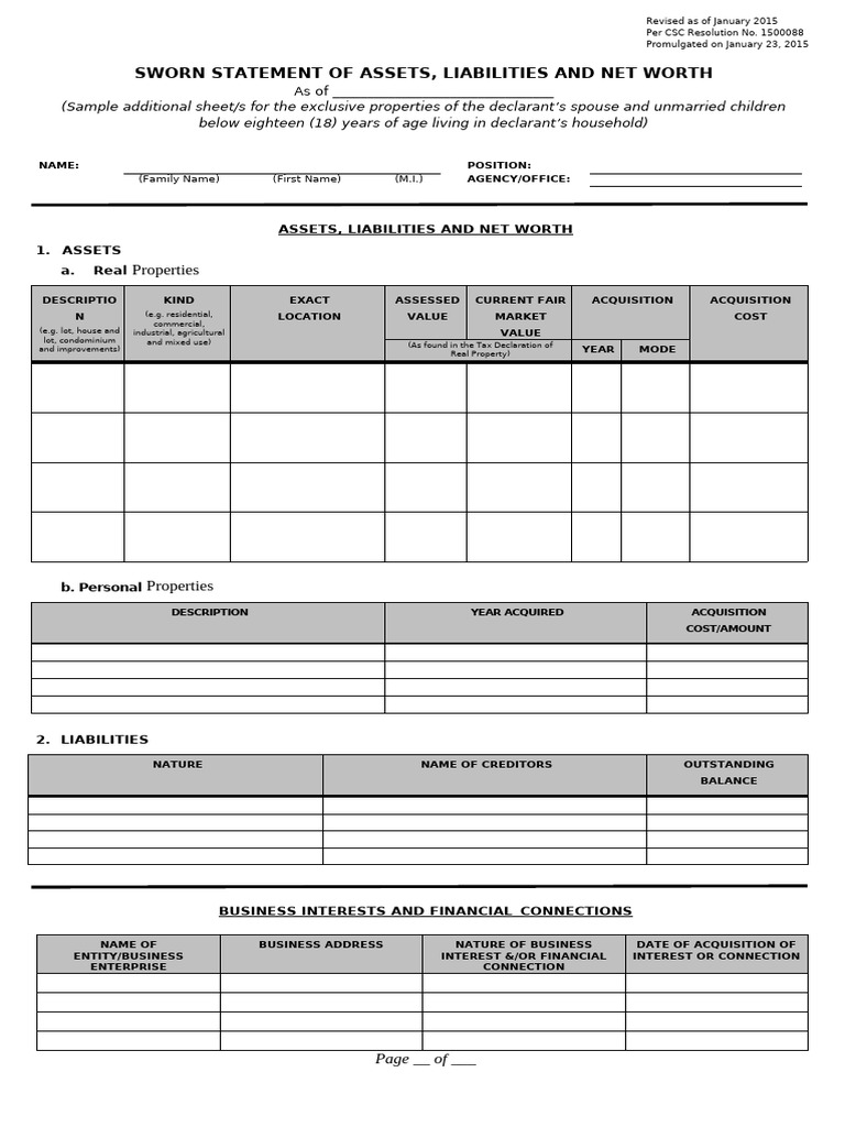 Sworn Statement of Assets and Liabilities | PDF | Net Worth | Financial ...