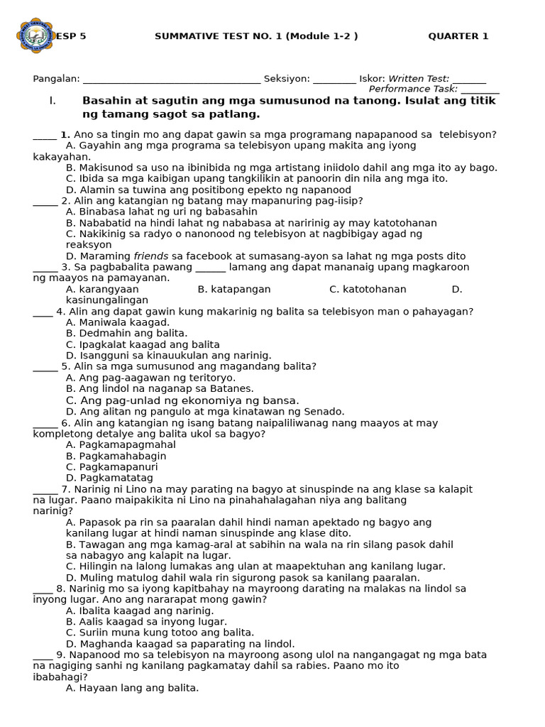 Esp 5summative Test No.1 q1 | PDF