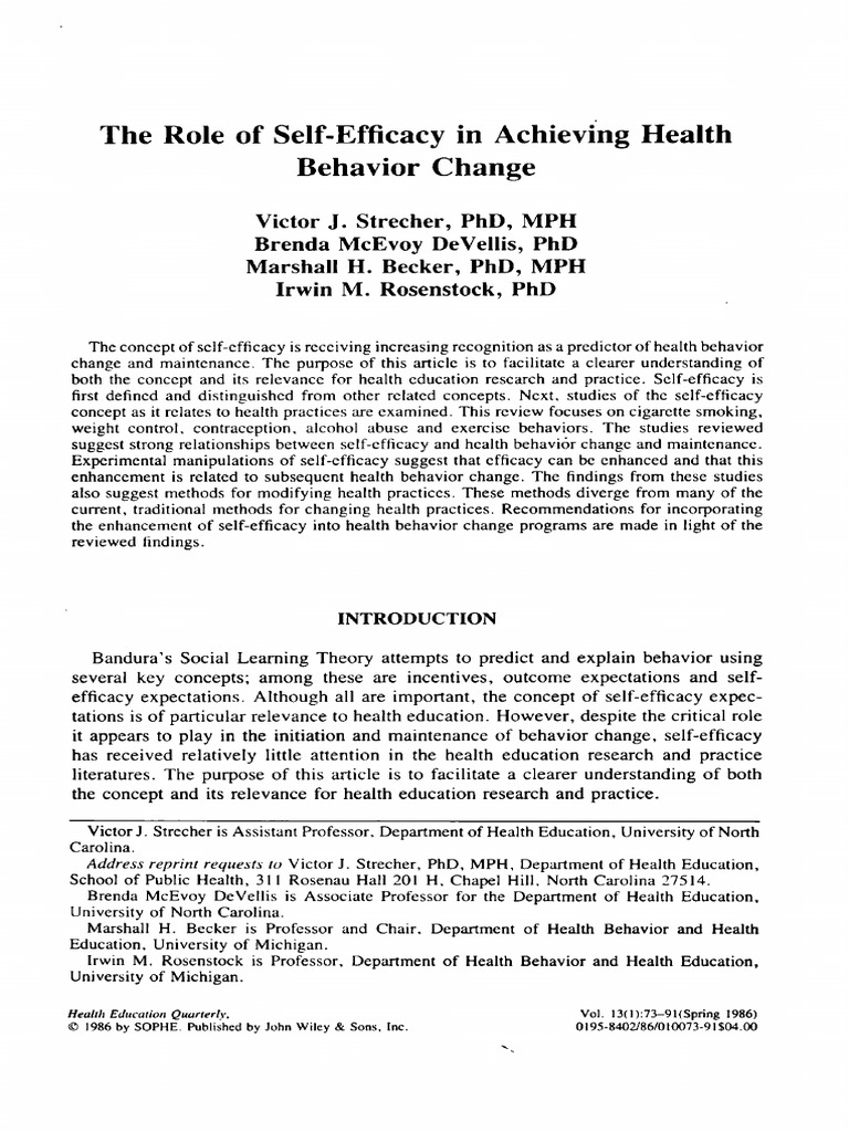 The Role of Self-Efficacy in Achieving Health Behavior Change | PDF | Self Efficacy | Smoking ...