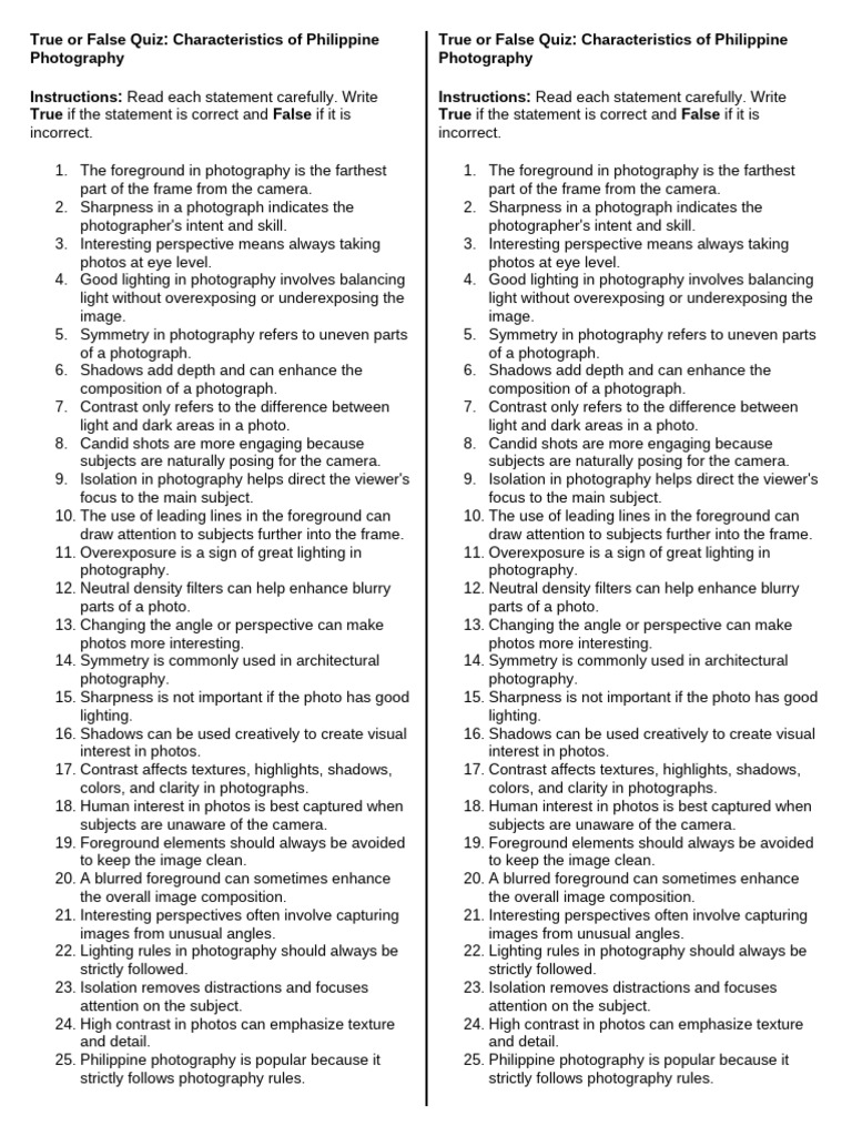 True or False Qui3 | PDF | Composition (Visual Arts) | Camera