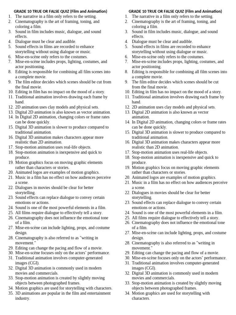 Grade 10 True or False Quiz | PDF | Computer Animation | Computer ...