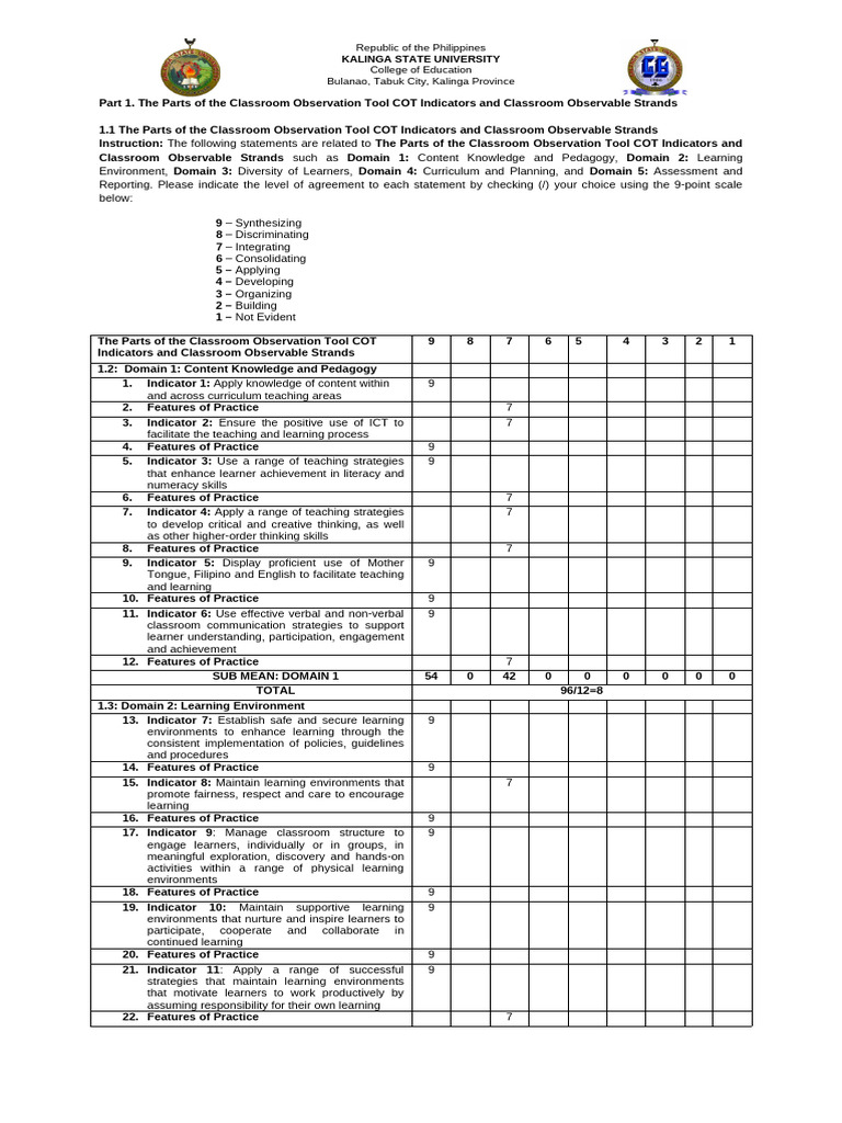 Assessment 2 Cot The 5 Domain Mine Pdf Learning Educational