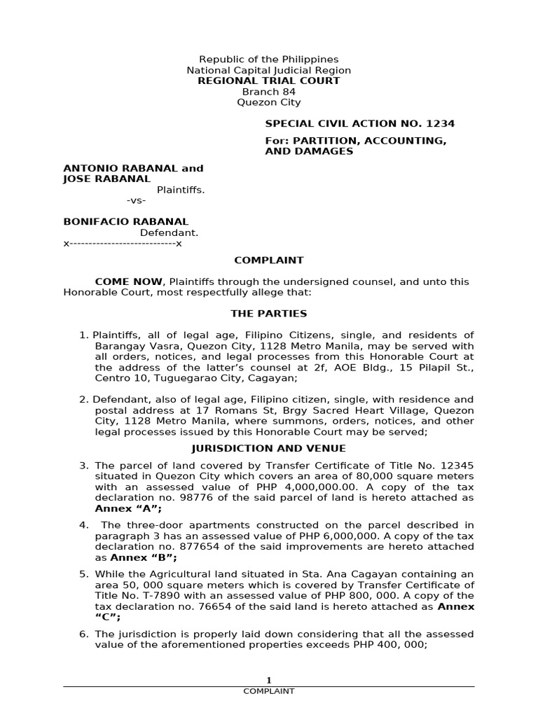 Complaint For Partition Accounting and Damages 1 | PDF | Complaint ...