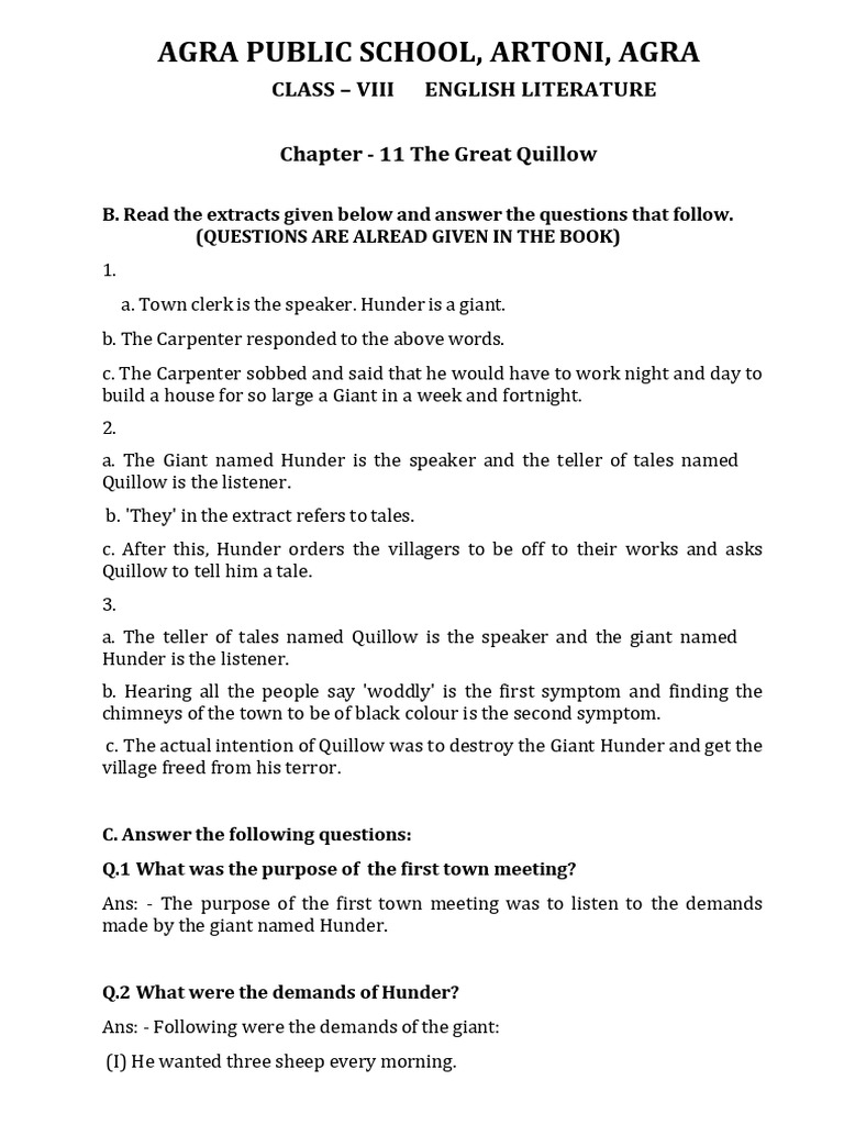 Class 8 English: The Great Quillow Activities | PDF