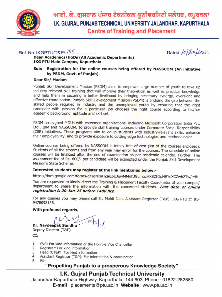 IKGPTU NASSCOM Online Certification Courses Notice | PDF