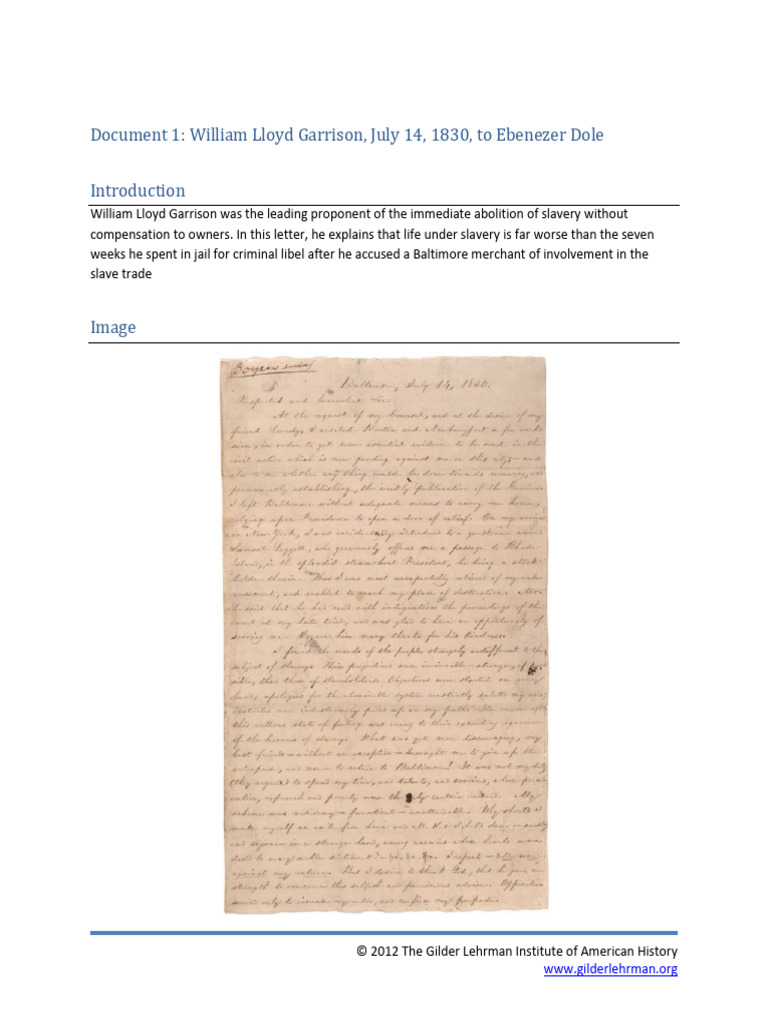 Garrison's 1830 Letter on Slavery | PDF | Abolitionism | Abolitionism ...