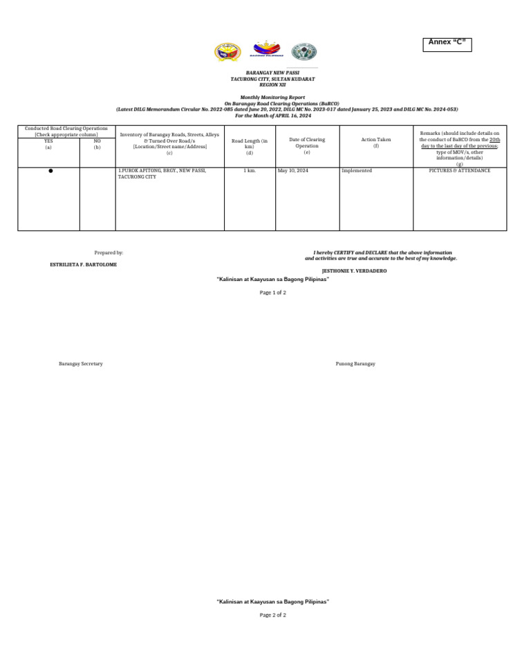 Annex C - Barangay BaRCO Monthly Monitoring Report Template With PB - S ...
